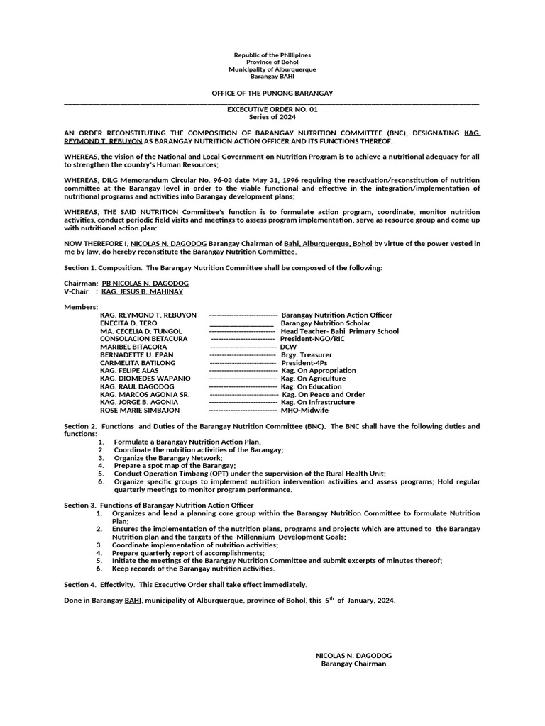 EO #1 AN ORDER RECONSTITUTING THE COMPOSITION OF BARANGAY NUTRITION COMMITTEE BNC | PDF