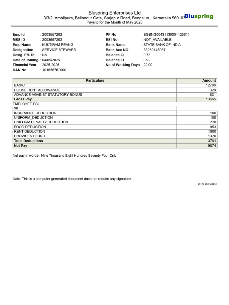 Payslip for May 2025 | PDF | Employee Relations | Employment Compensation