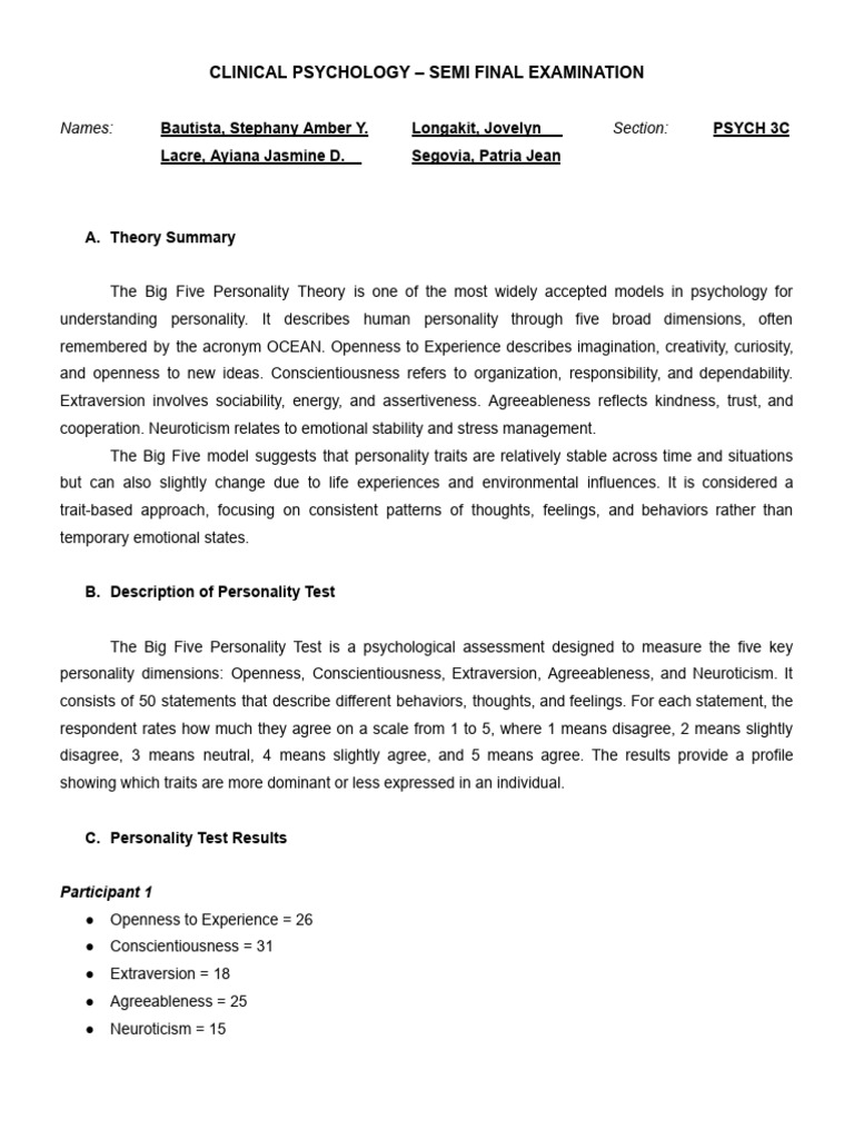 Clinical Psychology – Semi Final Examination | PDF | Extraversion And ...