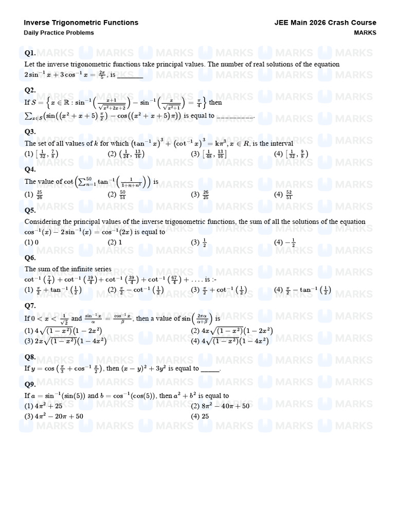Inverse Trigonometric Functions Practice | PDF | Trigonometric ...