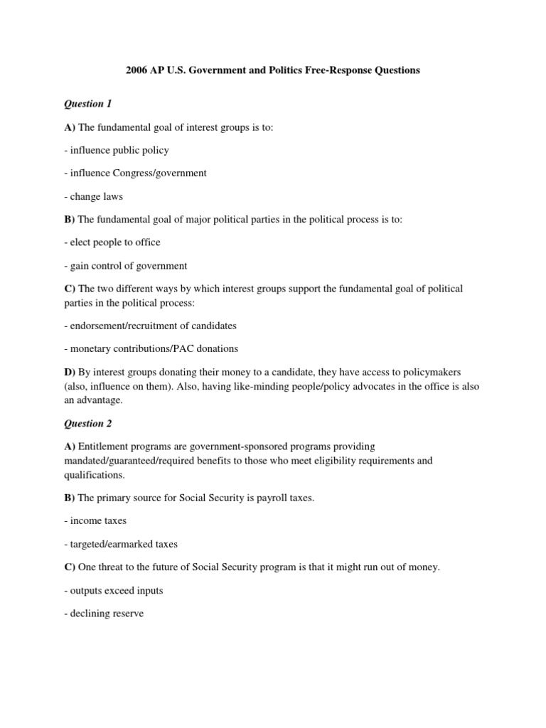 2006 AP U.S. Gov. and Politics Free-Response Questions | Download Free ...
