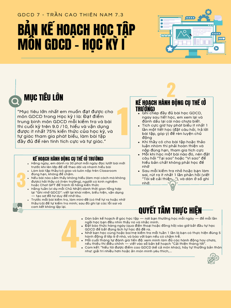 Gdcd 7 - Trần Cao Thiên Nam 7.3 (Bản Kế Hoạch Học Tập Môn Gdcd - Học Kì ...