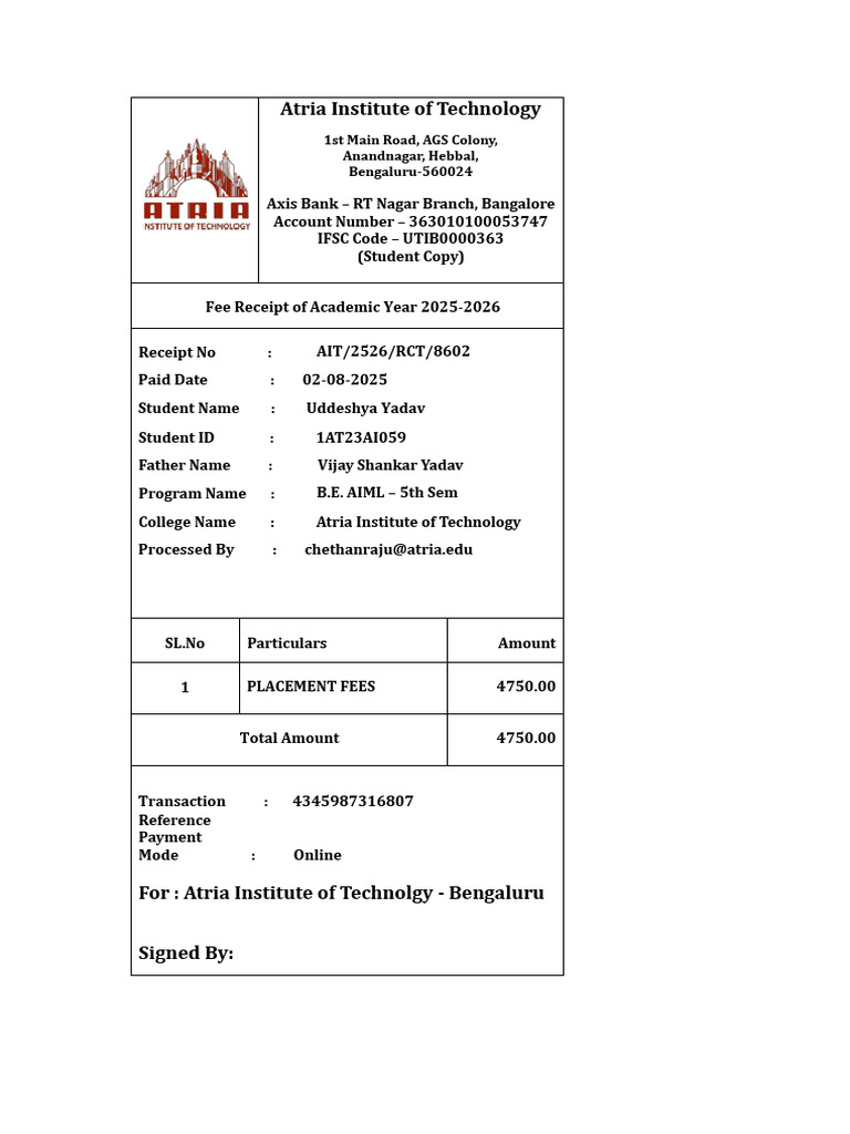 Atria Institute of Technology-Receipt Ullu | PDF