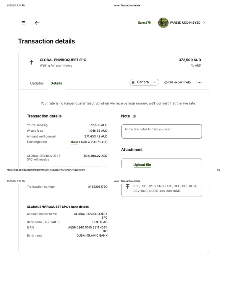 Wise Transaction Details for AUD to AED | PDF | Banking Technology ...