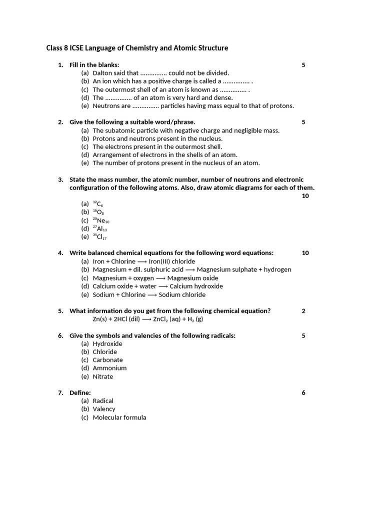 Class 8 ICSE Language of Chemistry and Atomic Structure | PDF