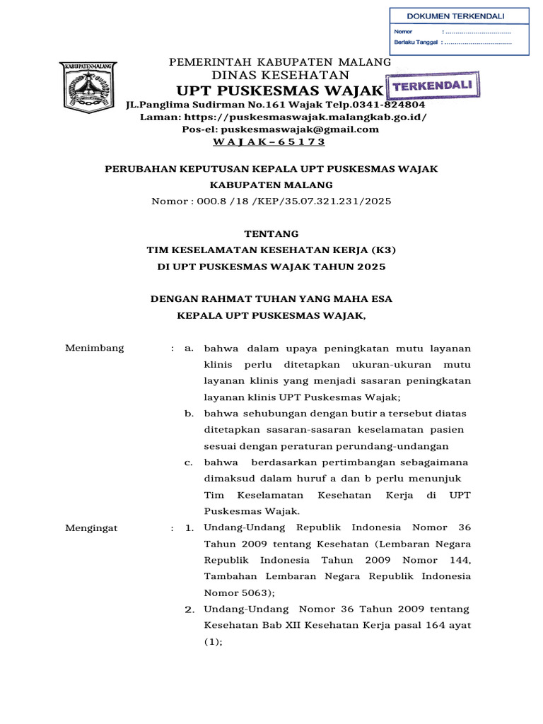 Tim K3 UPT Puskesmas Wajak 2025 | PDF