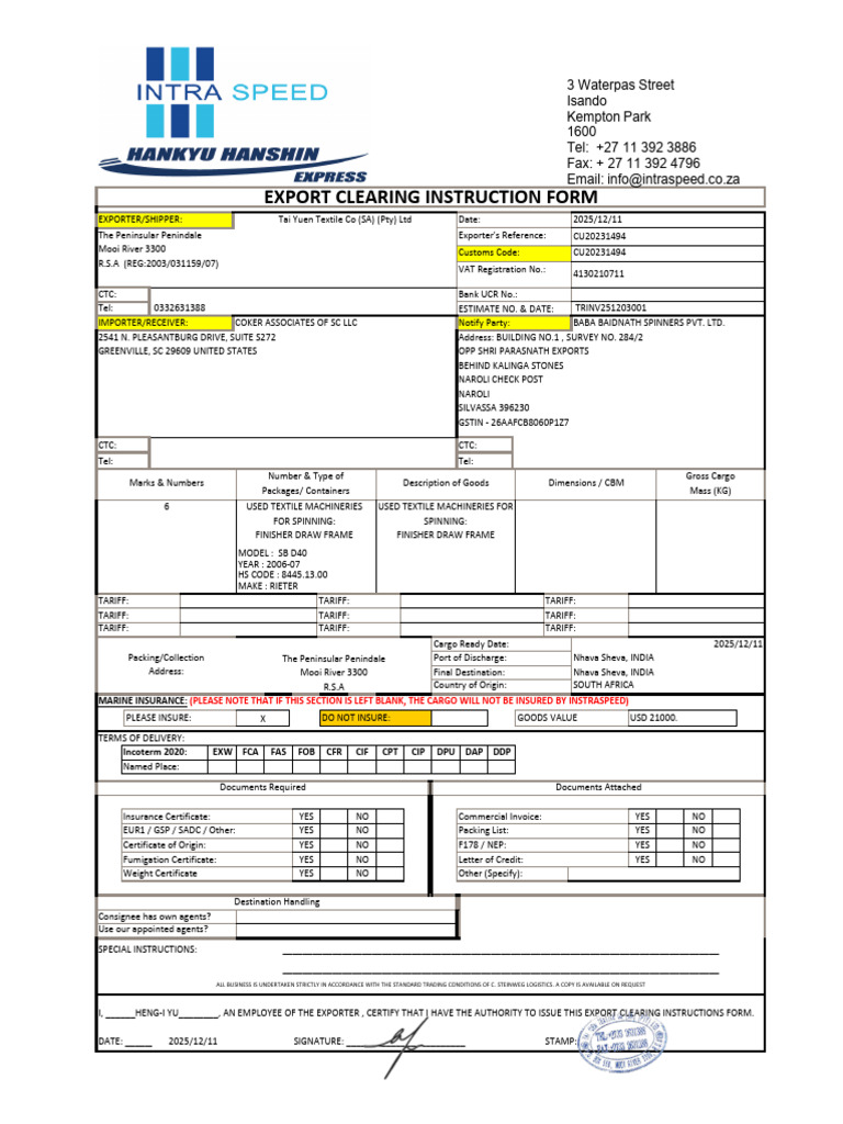 Export Clearing Instruction Form | PDF | Trade | Supply Chain Management