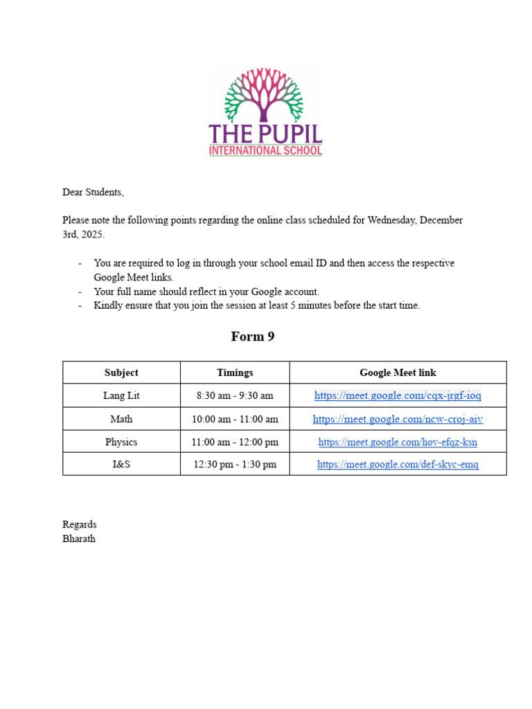 Form 9 Dec 03 Online Class Links | PDF