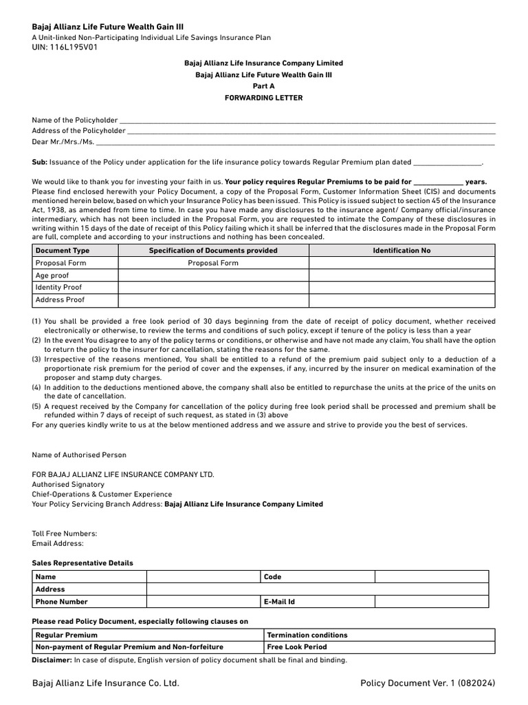 Bajaj Allianz Life Future Wealth Gain III-UIN-116L195V01 | PDF ...
