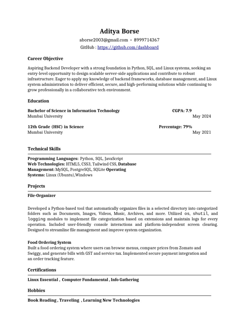Backend Resume Aditya Borse | PDF