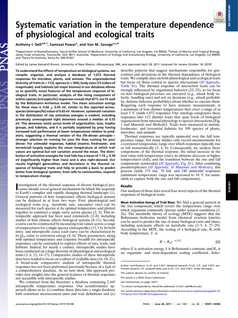 Dell Et Al 2011 Systematic Variation in The Temperature Dependence of ...