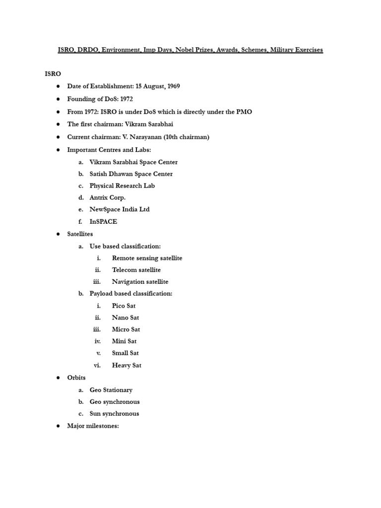 ISRO, DRDO, Environment, Imp Days, Military Exercises, Nobel Prizes ...