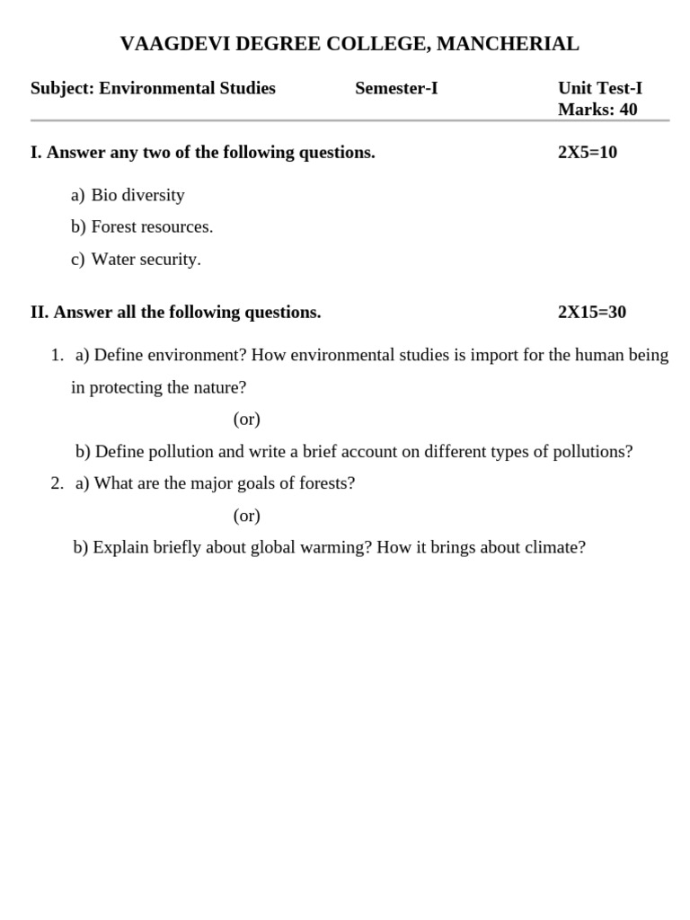 Environmental Studies Unit Test Guide | PDF