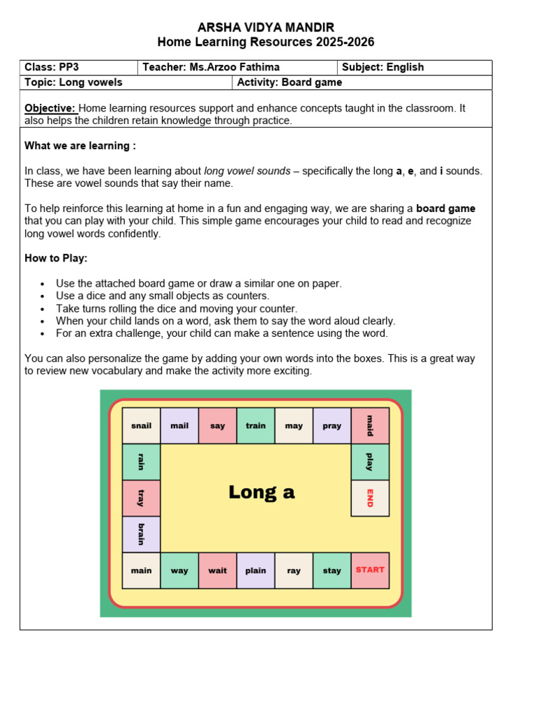 Long Vowel Board Game for Kids | PDF