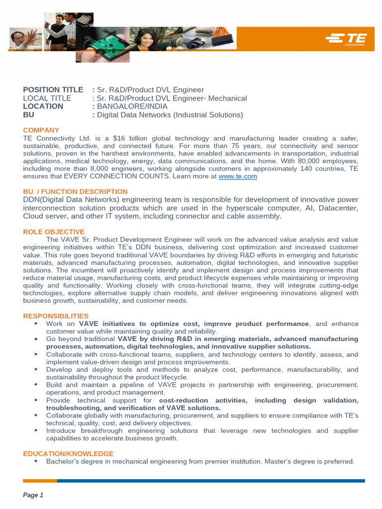 Job Description - 5-2C SR Product Development Engineer - VAVE - Mech ...