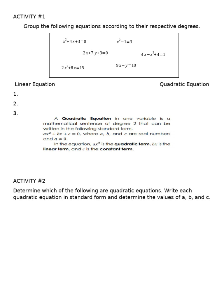 Grouping and Solving Quadratic Equations | PDF