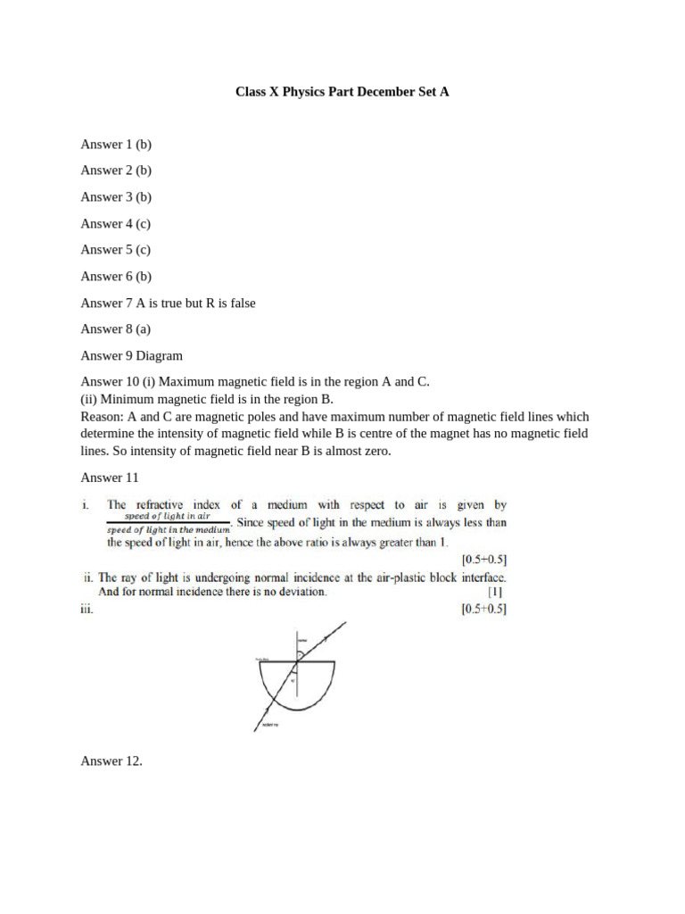 Answer Key Class X Physics Part Pre Board 2 2024 25 | PDF