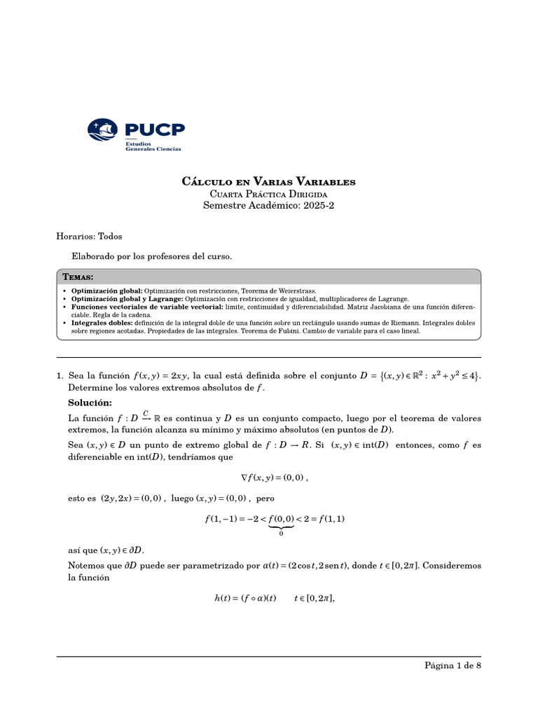 Solucionario PD4 - Cálculo - Varias - Variables - 2025 - 2 | PDF | Integral | Optimización ...