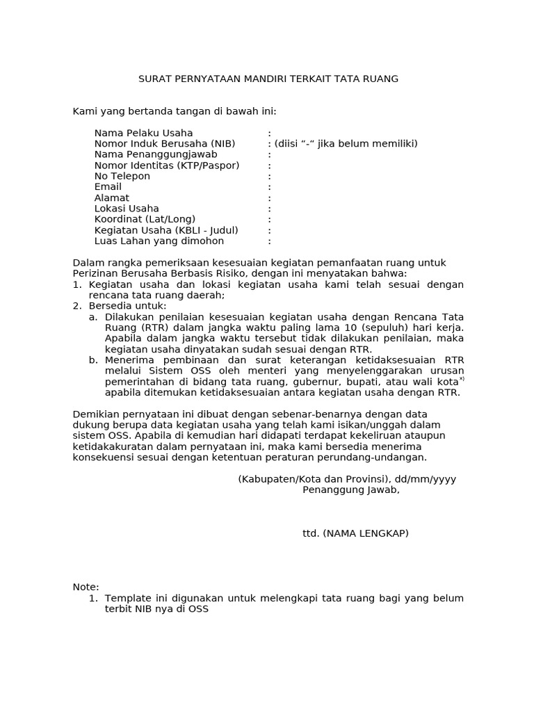 Surat Pernyataan Mandiri Tata Ruang | PDF