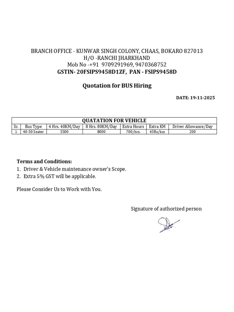Bus Hiring Quotation from Abhimanyu Shakuntalam Enterprises | PDF
