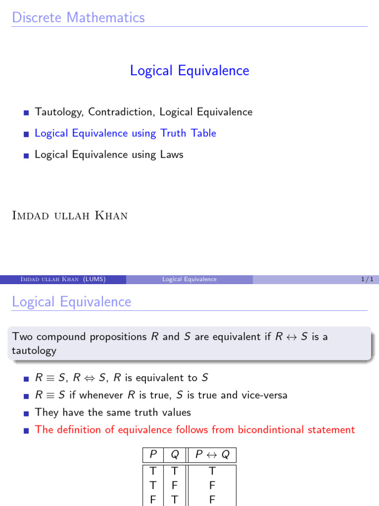 CS210 Slides 02 02 Logic Equivalence TruthTables | PDF | Metalogic ...