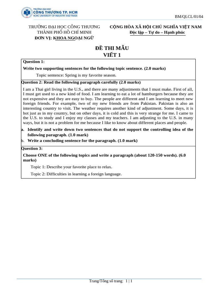 Sample English Writing Exam Questions | PDF