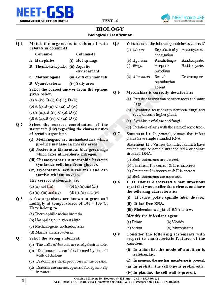 Biological Classification Gsb Test 06 Que. [@Urstrulyrm] | PDF ...