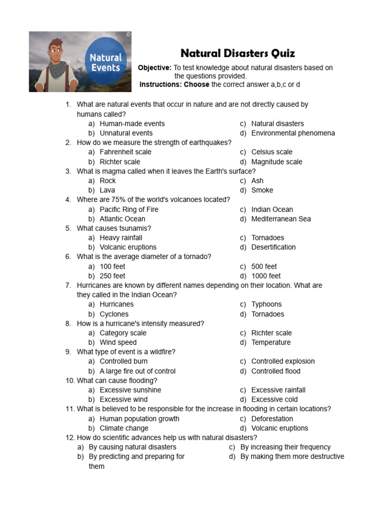 Natural Disasters Knowledge Quiz | PDF | Natural Disasters | Volcano