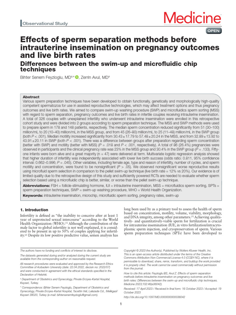 Effects of Sperm Separation Methods Before Intrauterine Insemination On ...