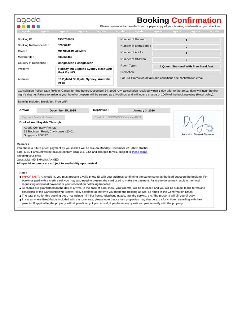 Confirmation For Booking ID # 1955768085 | PDF