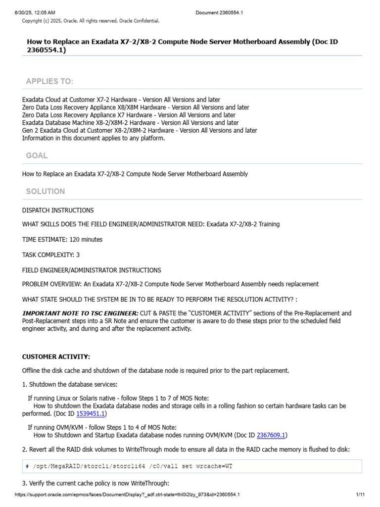 How To Replace An Exadata X8-2 Compute Node Server Motherboard Assembly | PDF | Booting | Bios