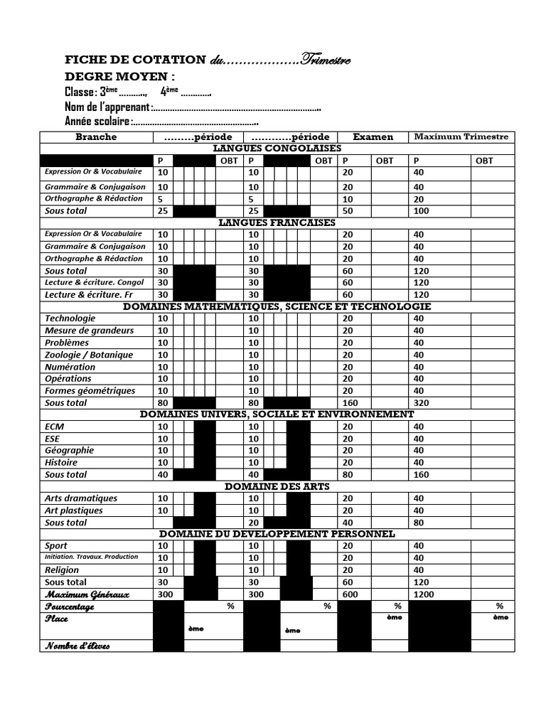 Fiche de Cotation Trimestrielle Élèves | PDF | Science