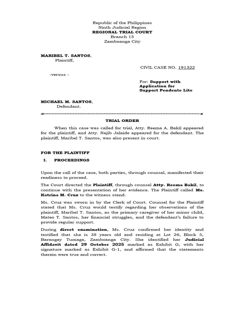 Trial Order for Support Case in Zamboanga | PDF | Witness | Affidavit