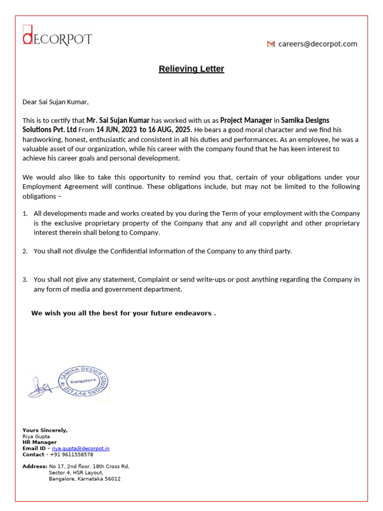 Relieving Letter - Sai Sujan Kumar | PDF