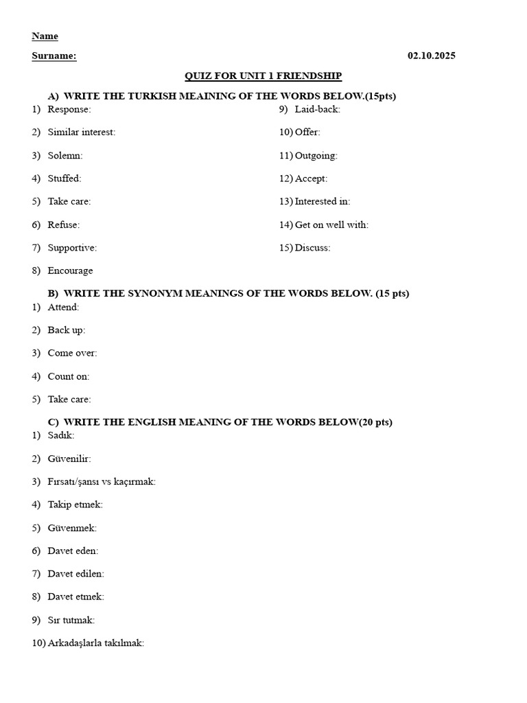Unit 1 Friendship Quiz | PDF