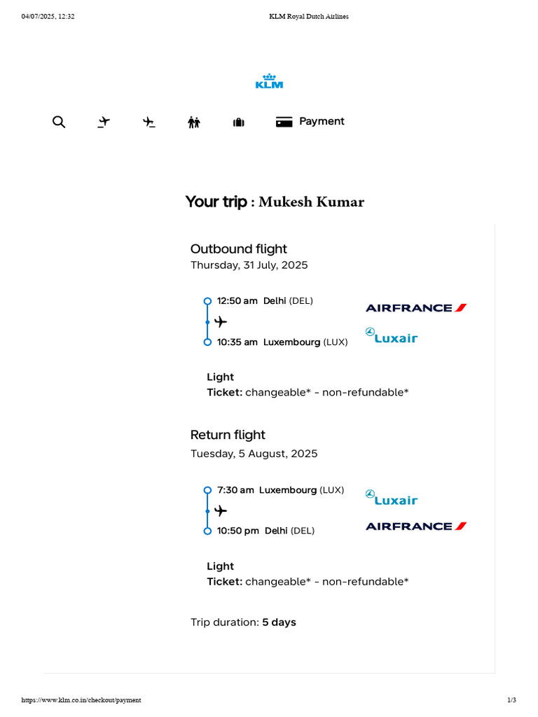 KLM Flight Booking Details for Mukesh Kumar | PDF
