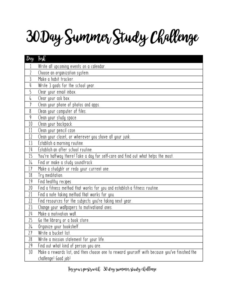30 Day Summer Study Challenge | PDF