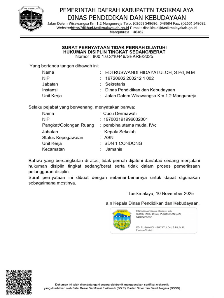 Surat Pernyataan Disiplin ASN Tasikmalaya | PDF