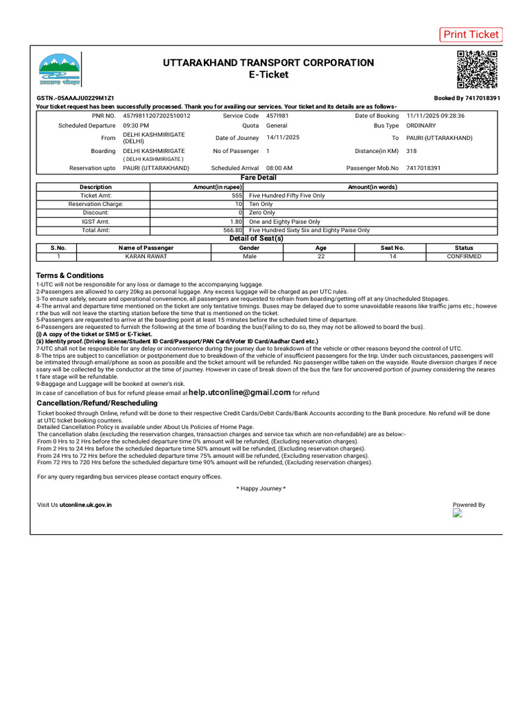 Uttarakhand Bus E-Ticket Confirmation | PDF | Identity Document | Transport