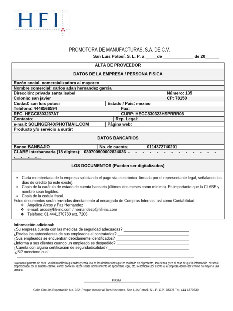 Formato de Alta1 SLP Hfi | PDF