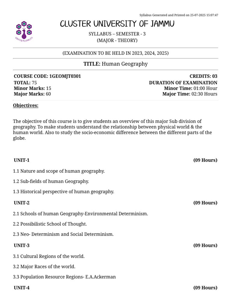 Human Geography Syllabus - Semester 3 | PDF | Geography | Science