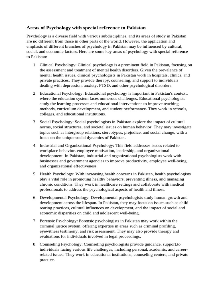 Key Psychology Areas in Pakistan | PDF | Psychology | Psychotherapy