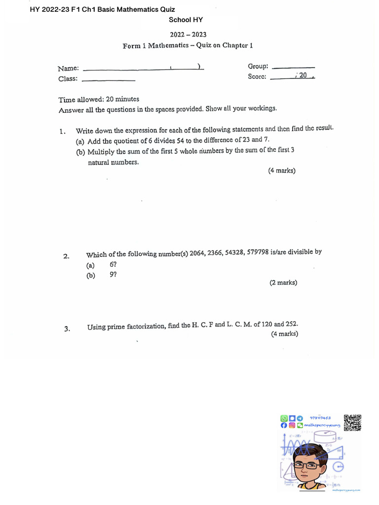 Hy 2022 23 f1 Ch1 Basic Mathematics Quiz | PDF