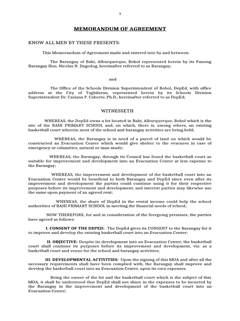 MEMORANDUM OF AGREEMENT Between Brgy. Bahi Council and Bahi Primary ...