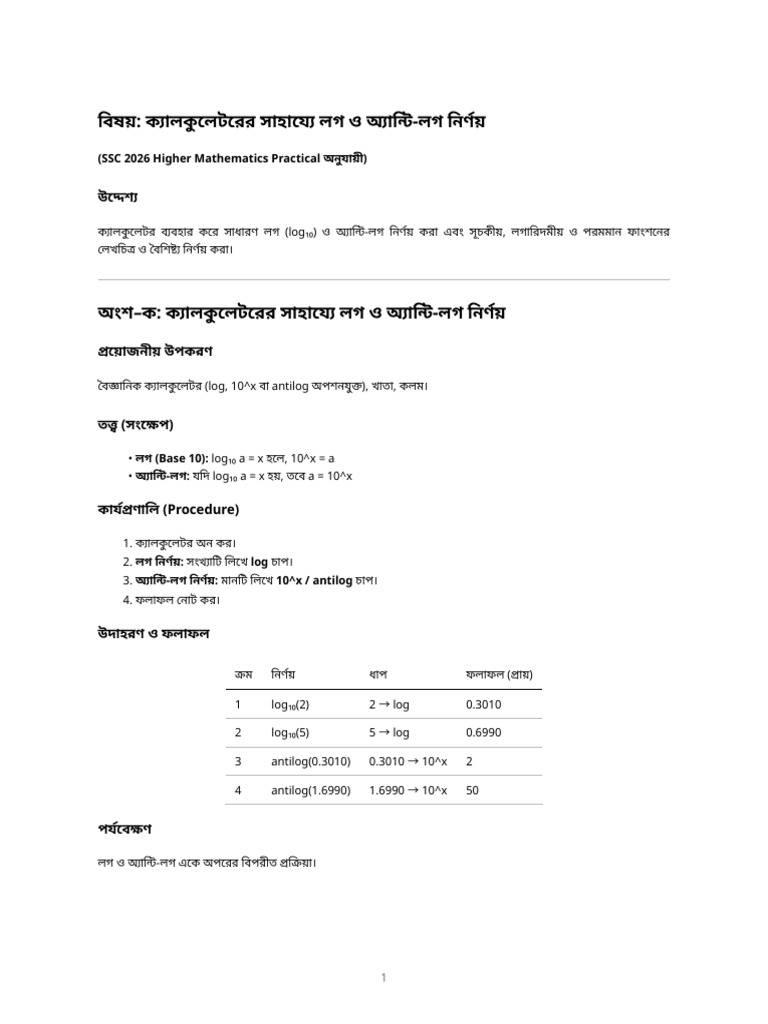 SSC 2026 Higher Math Practical - Log, Antilog Function Graph | PDF