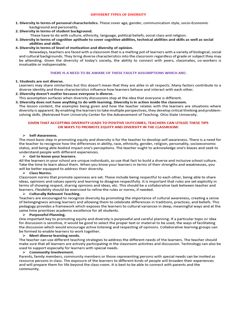 Different Types of Diversity | PDF | Learning | Teachers