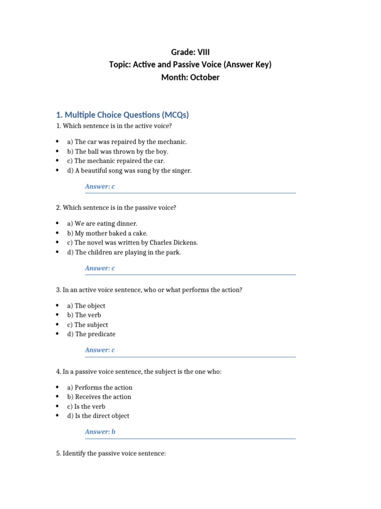 Active and Passive Voice MCQ Answer Key | PDF | Verb | Linguistic Typology