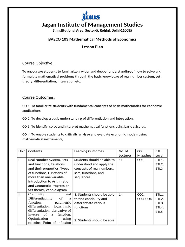 BAECO 103 Mathematical Methods of Economics Lesson Plan | PDF | Matrix ...