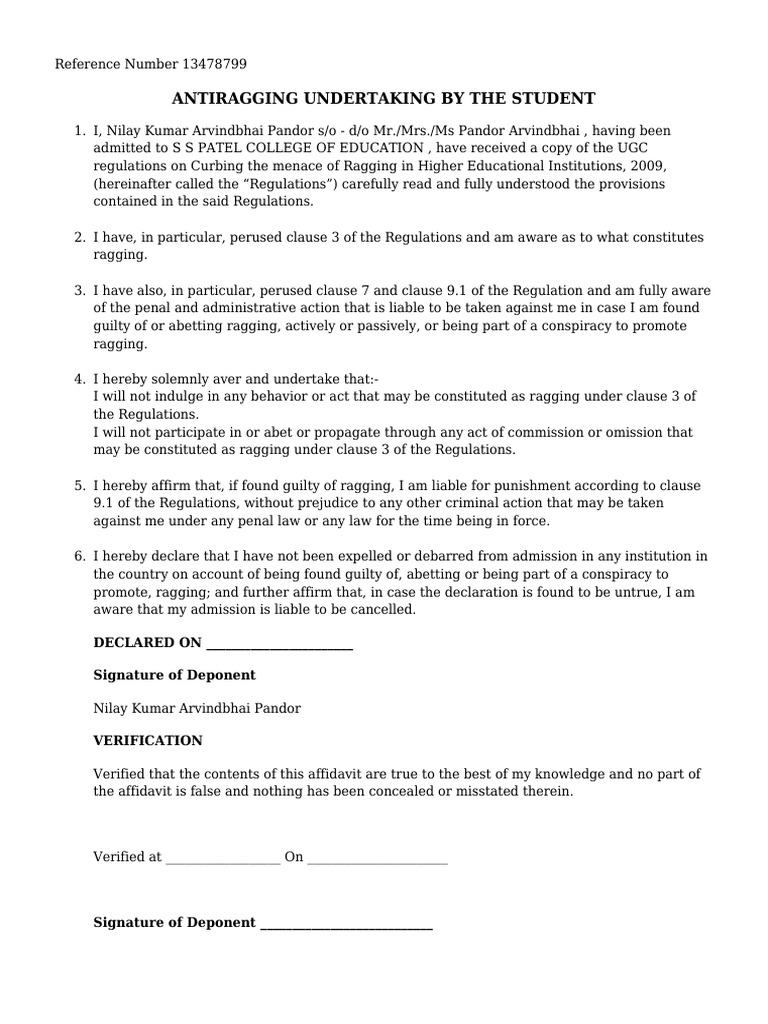 Antiragging Undertaking for Students | PDF | Affidavit