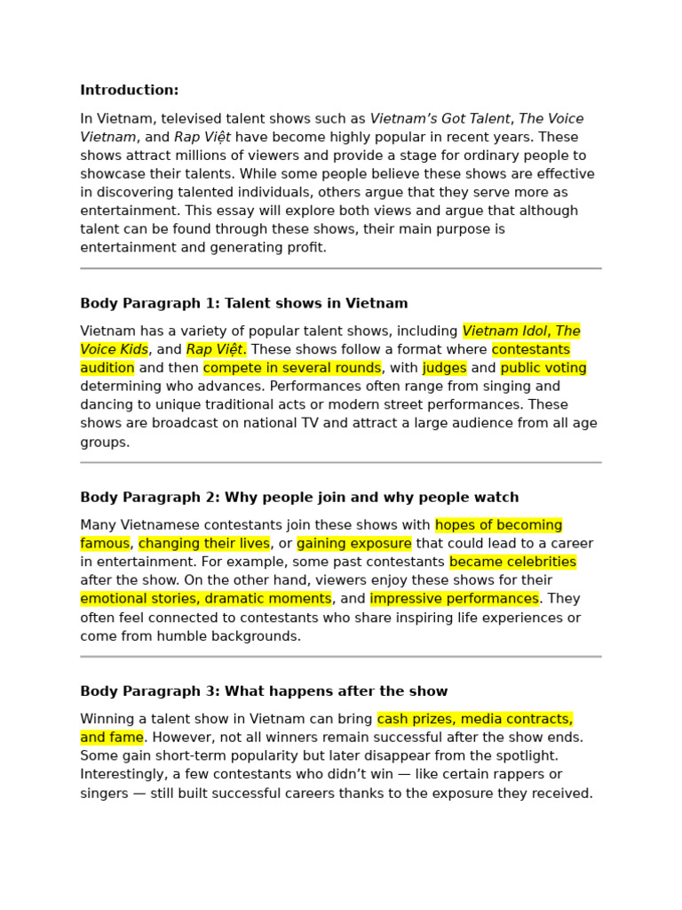 Vietnam's Talent Shows: Entertainment vs. Talent | PDF | Entertainment